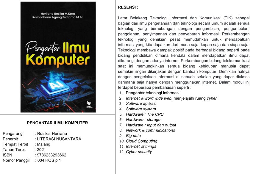 Resensi Buku - PENGANTAR ILMU KOMPUTER - Riswan - Perpustakaan Universitas Widyatama