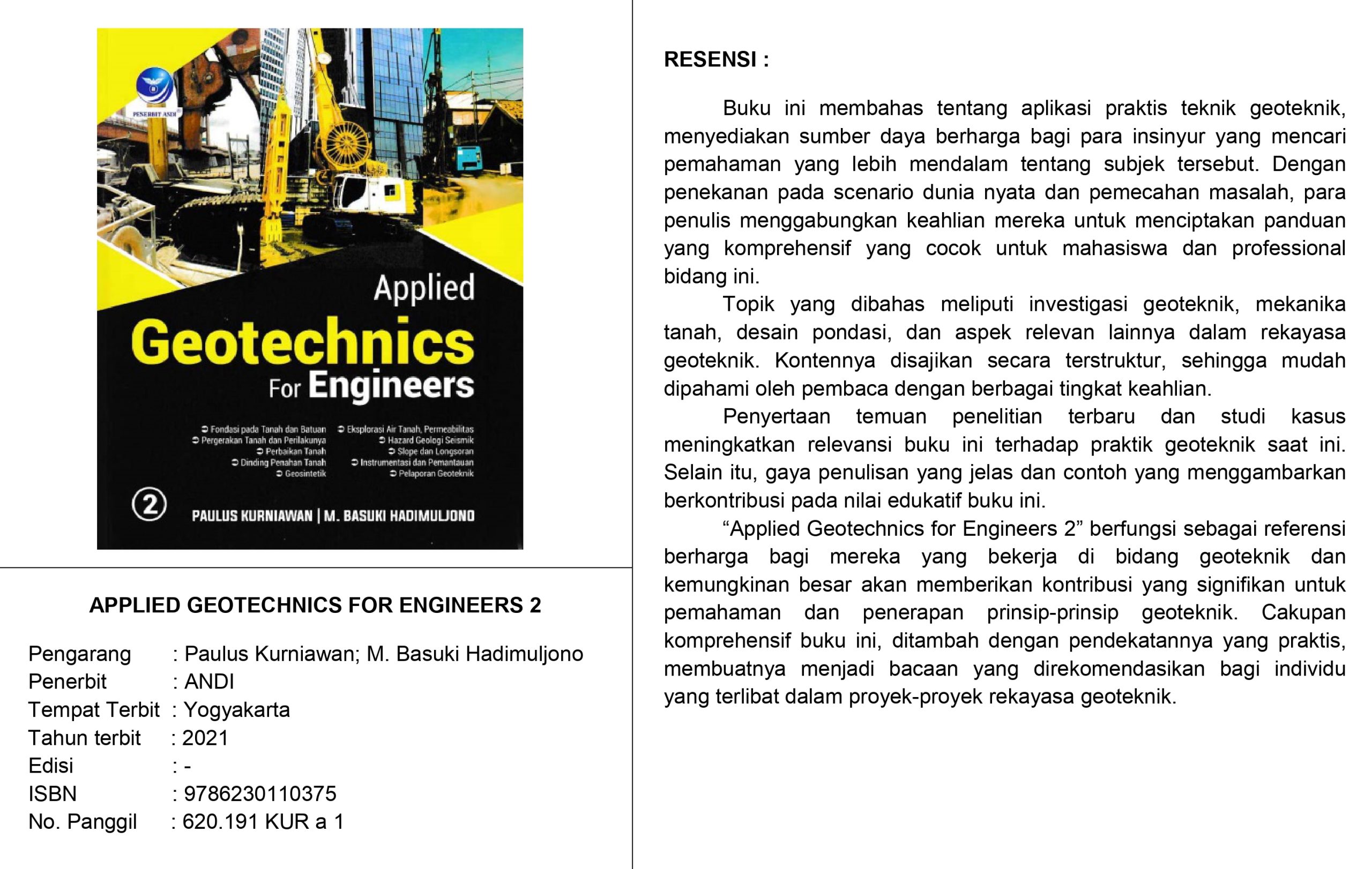 Resensi Buku - APPLIED GEOTECHNICS FOR ENGINEERING - Herlan R - Perpustakaan Universitas Widyatama