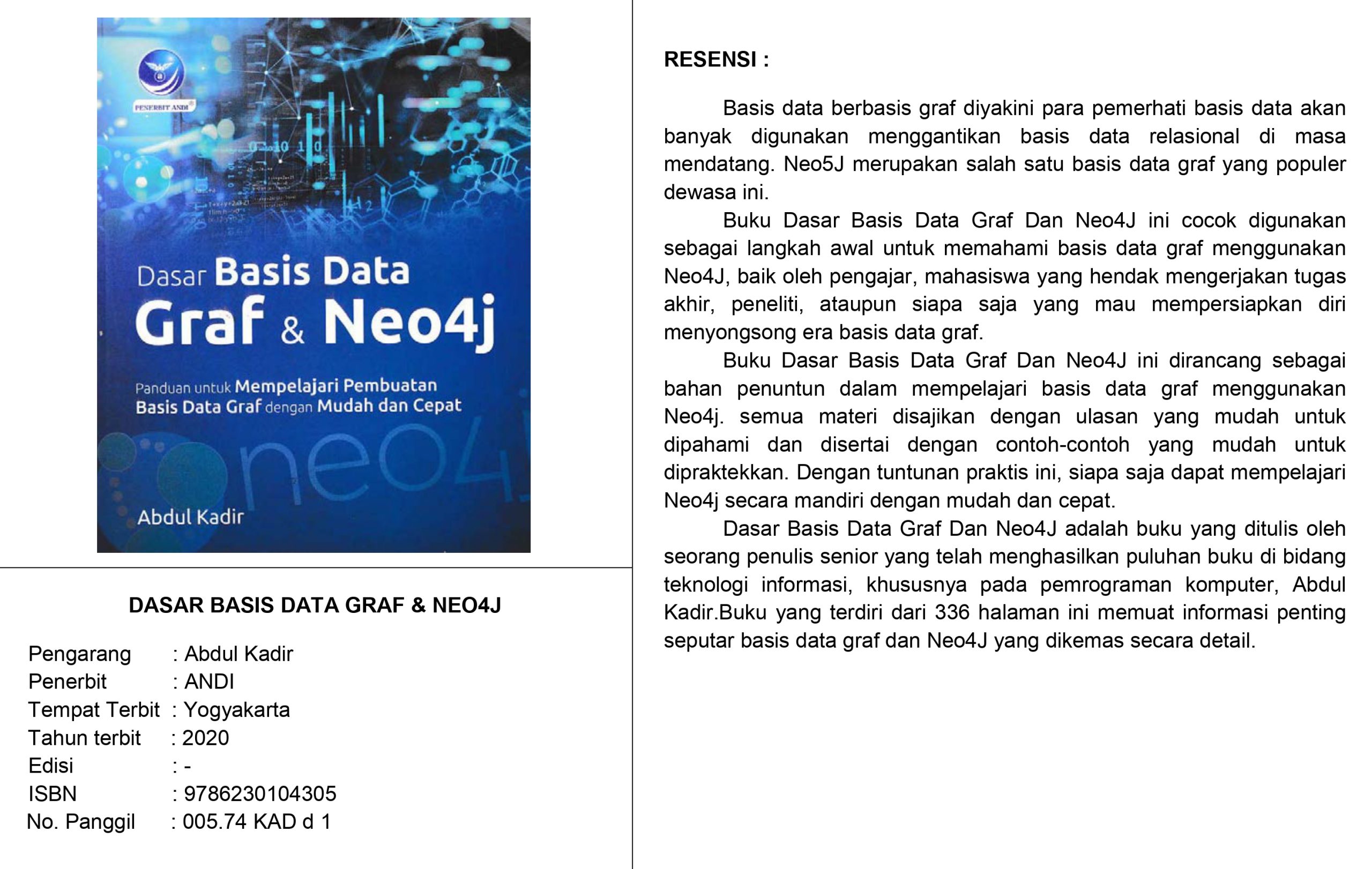 Resensi Buku - DASAR BASIS DATA GRAF & NEO4J - Agus - Perpustakaan Universitas Widyatama
