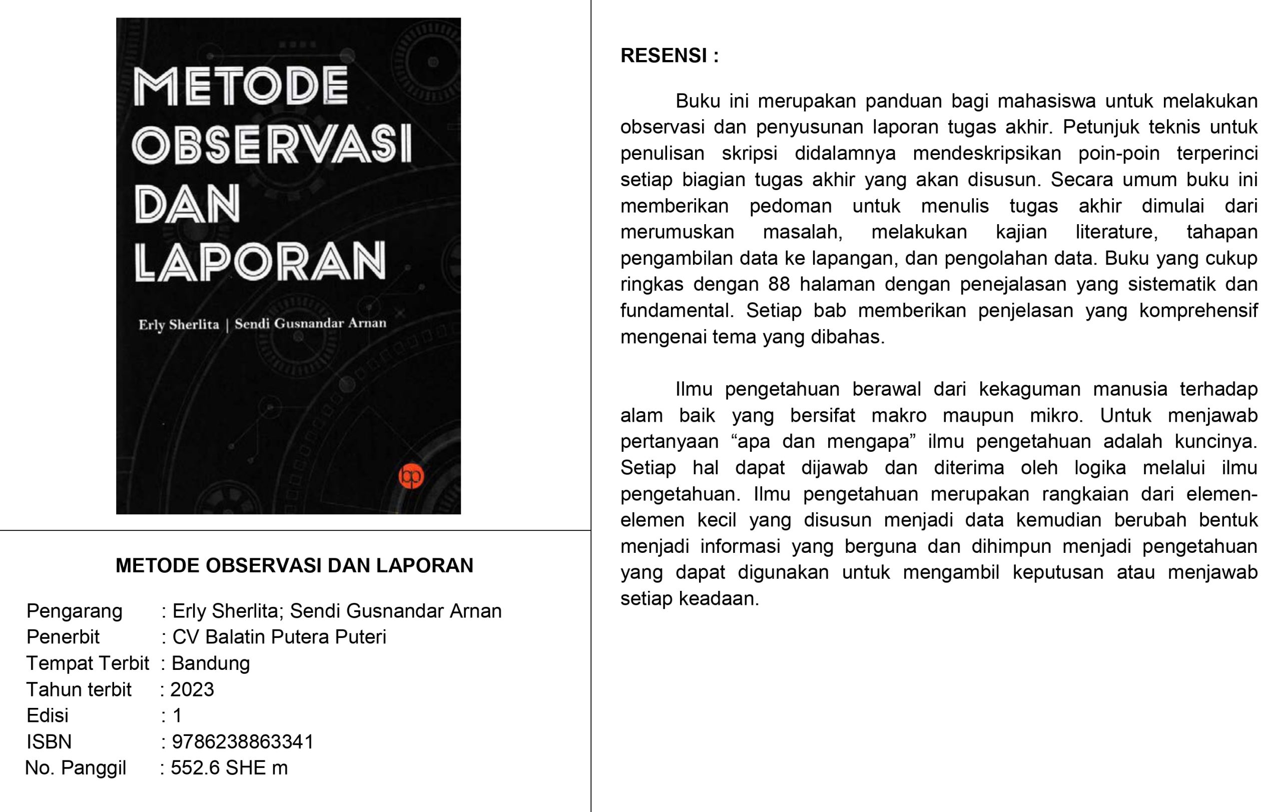 Resensi Buku - METODE OBSERVASI DAN LAPORAN - Riswan - Perpustakaan Universitas Widyatama