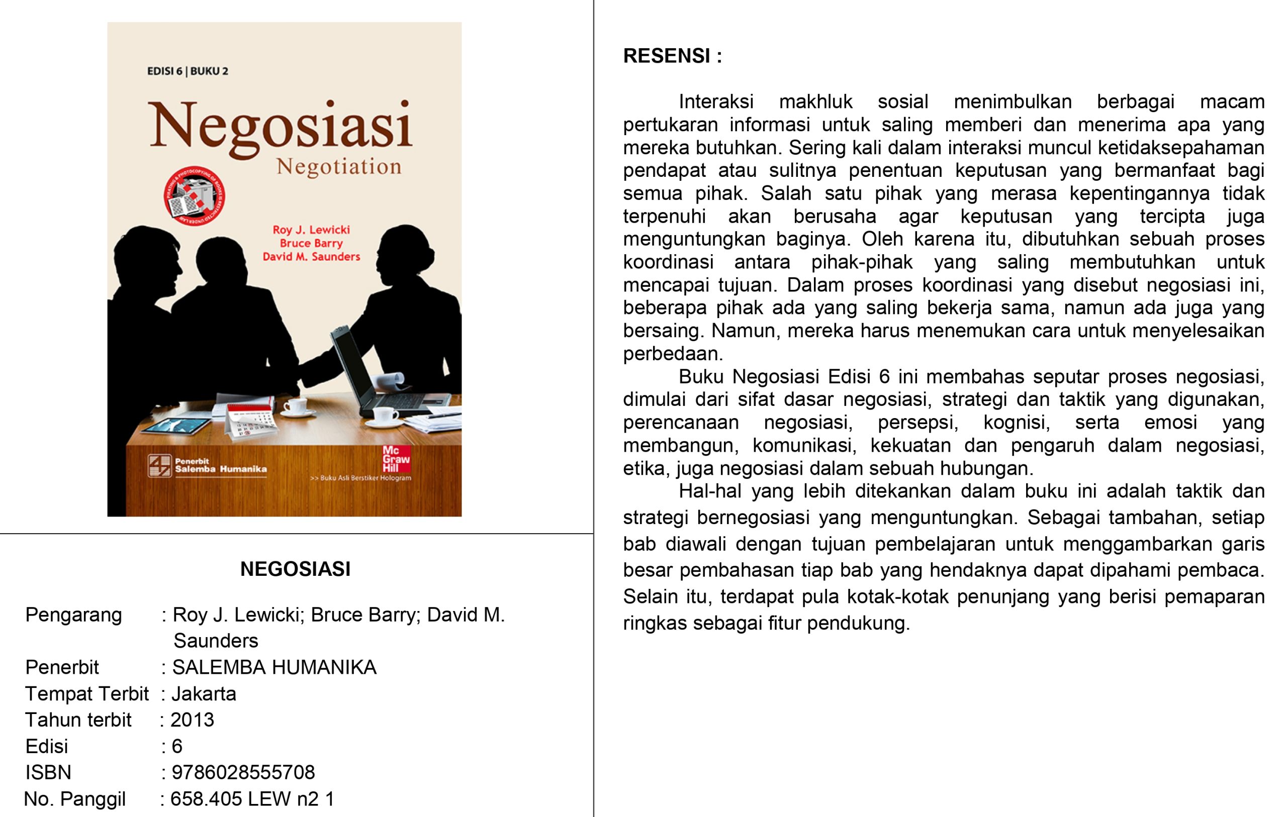 Resensi Buku - NEGOSIASI - Wisnu - Perpustakaan Universitas Widyatama