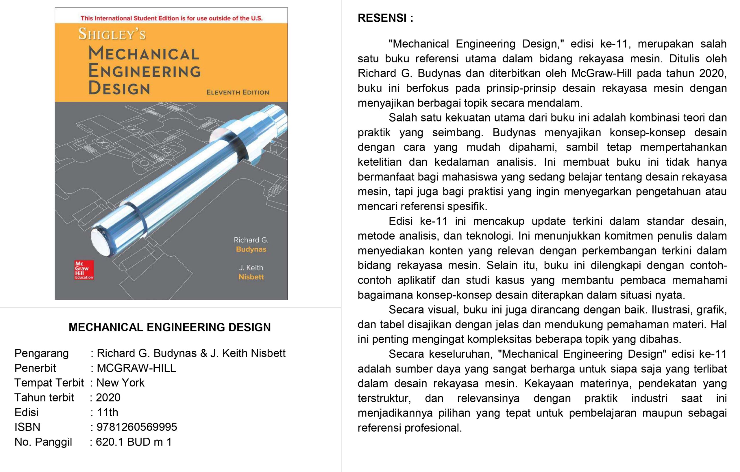 Resensi Buku - MECHANICAL ENGINEERING DESIGN - Perpustakaan Universitas Widyatama