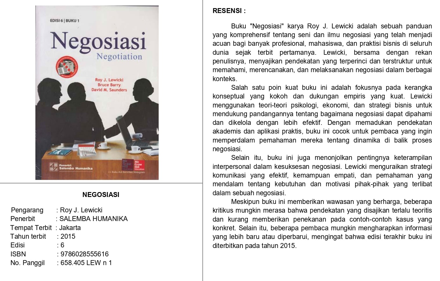 Resensi Buku - NEGOSIASI - Perpustakaan Universitas Widyatama