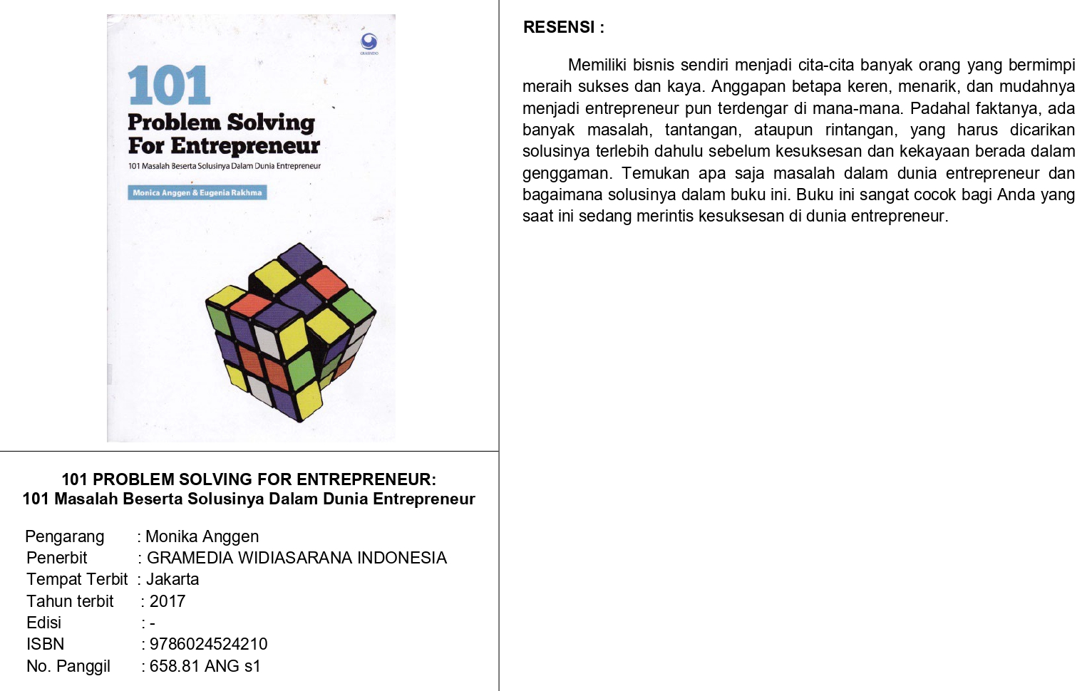 Resensi Buku - 101 PROBLEM SOLVING FOR ENTREPRENEUR - Perpustakaan ...