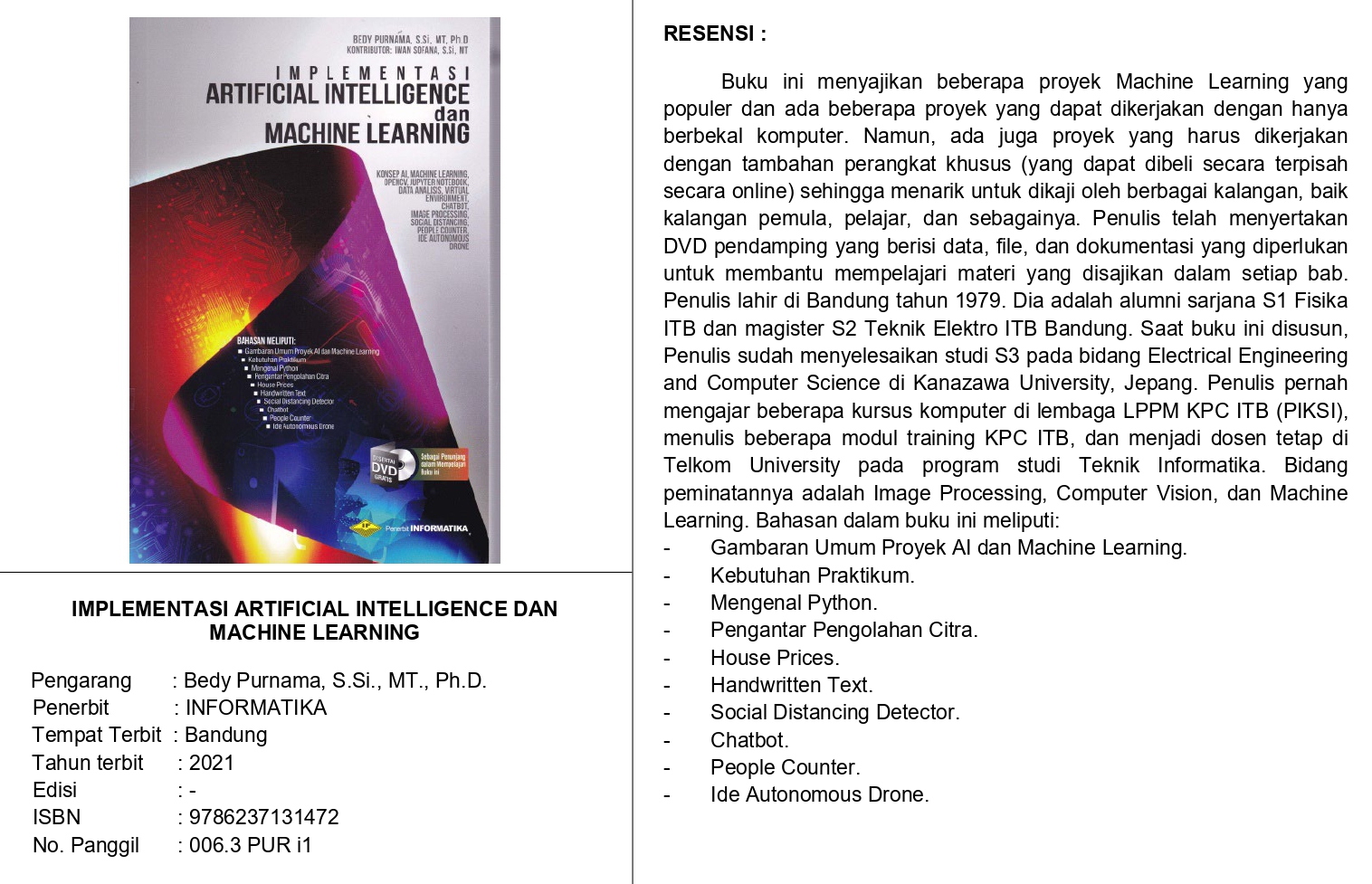 Resensi Buku - IMPLEMENTASI ARTIFICIAL INTELLIGENCE DAN MACHINE LEARNING - Perpustakaan ...