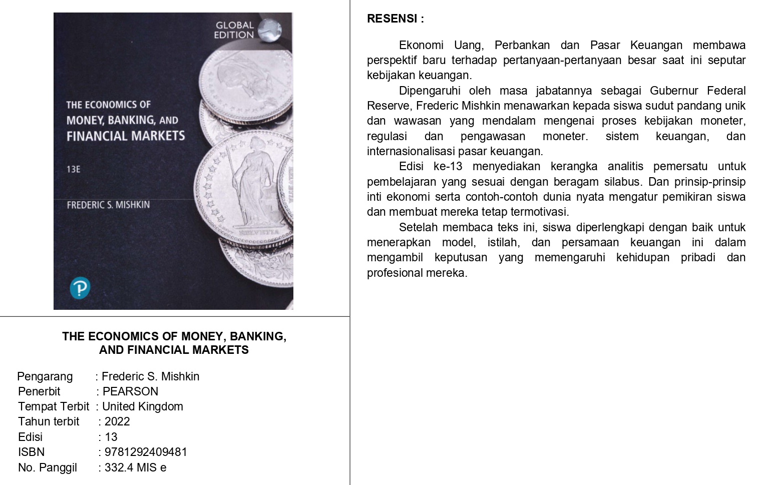12. Resensi Buku - THE ECONOMICS OF MONEY, BANKING, AND FINANCIAL MARKETS - Perpustakaan ...