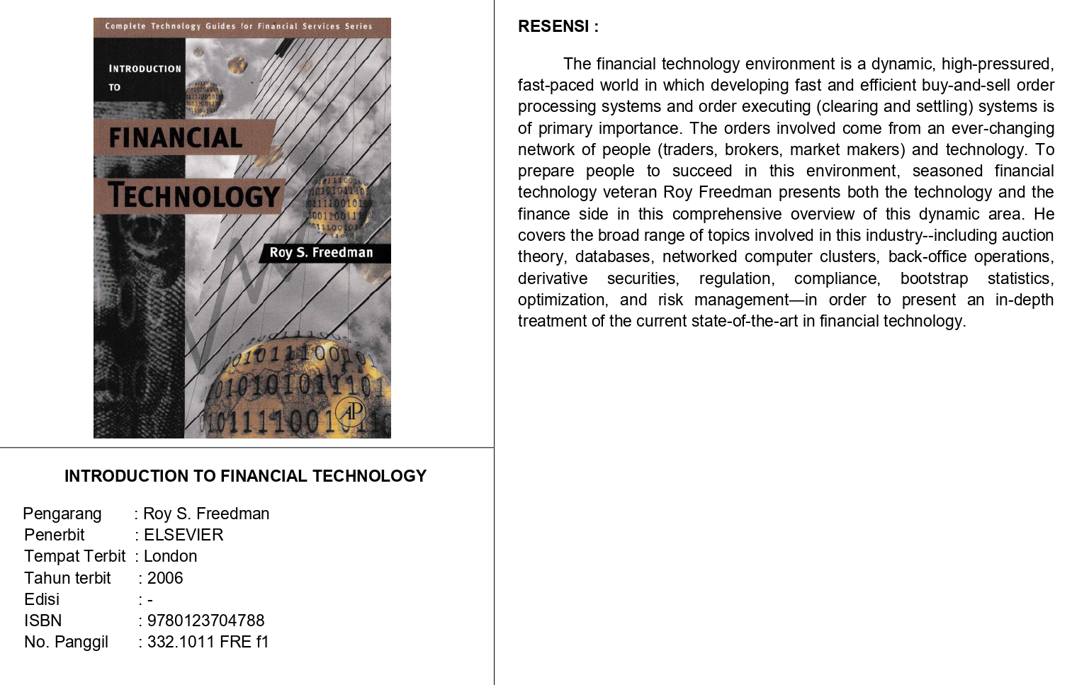 32. Resensi Buku - INTRODUCTION TO FINANCIAL TECHNOLOGY - Perpustakaan ...