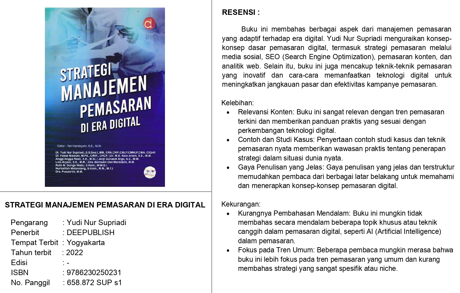 24. Resensi Buku - STRATEGI MANAJEMEN PEMASARAN DI ERA DIGITAL - Perpustakaan Universitas Widyatama