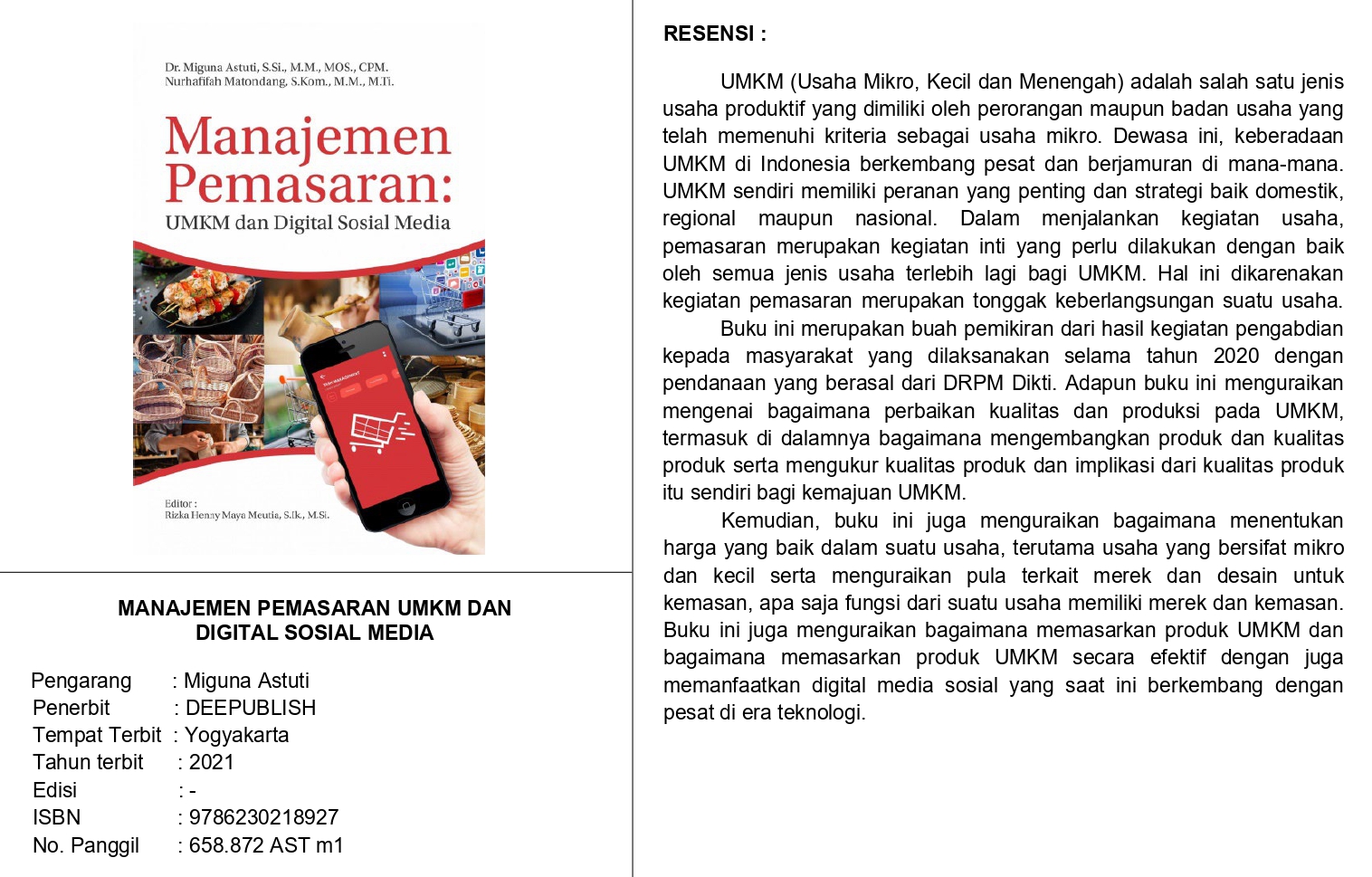 16. Resensi Buku - MANAJEMEN PEMASARAN UMKM DAN DIGITAL SOSIAL MEDIA - Perpustakaan Universitas ...