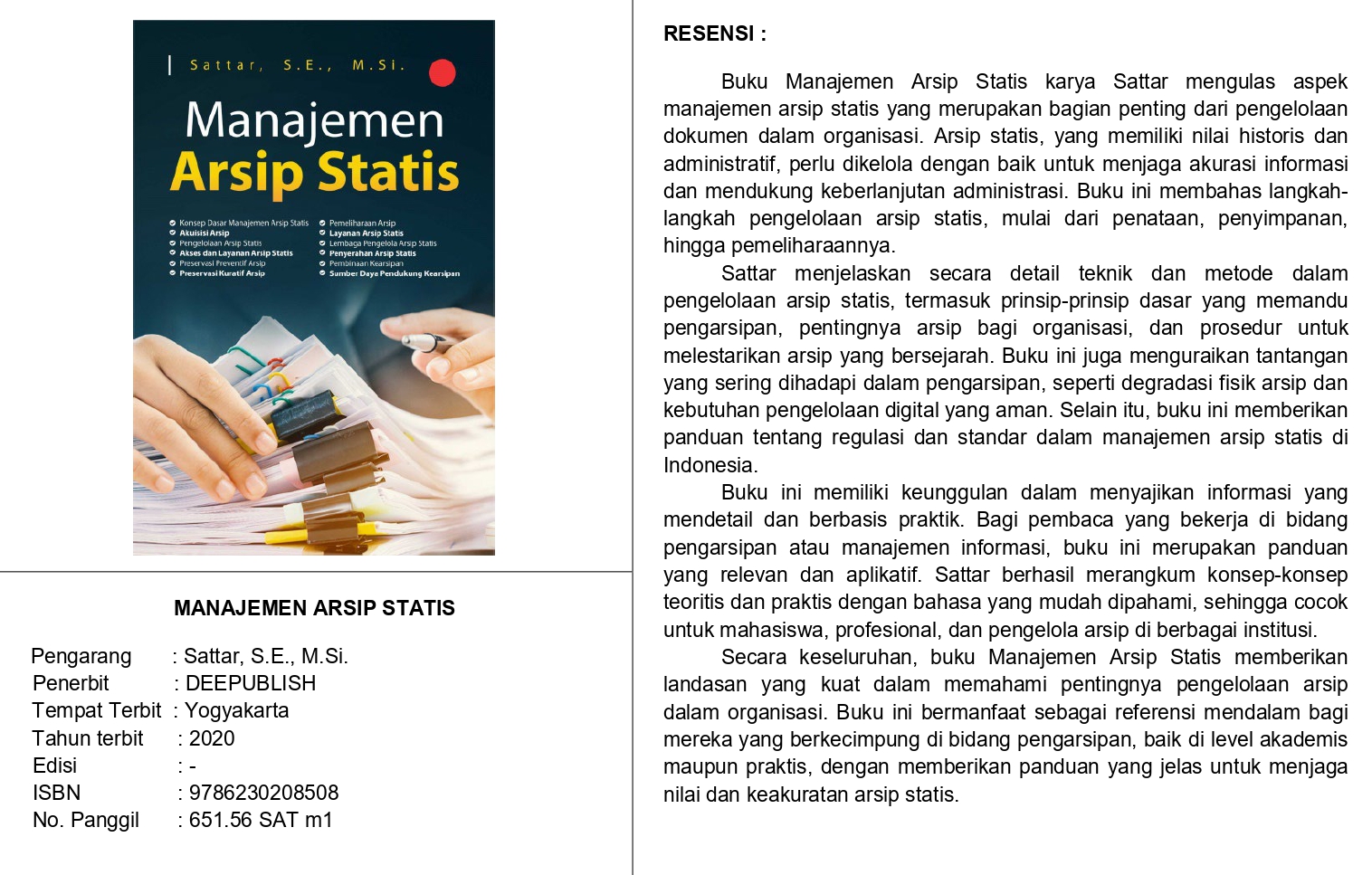 5. Resensi Buku - MANAJEMEN ARSIP STATIS - Perpustakaan Universitas ...