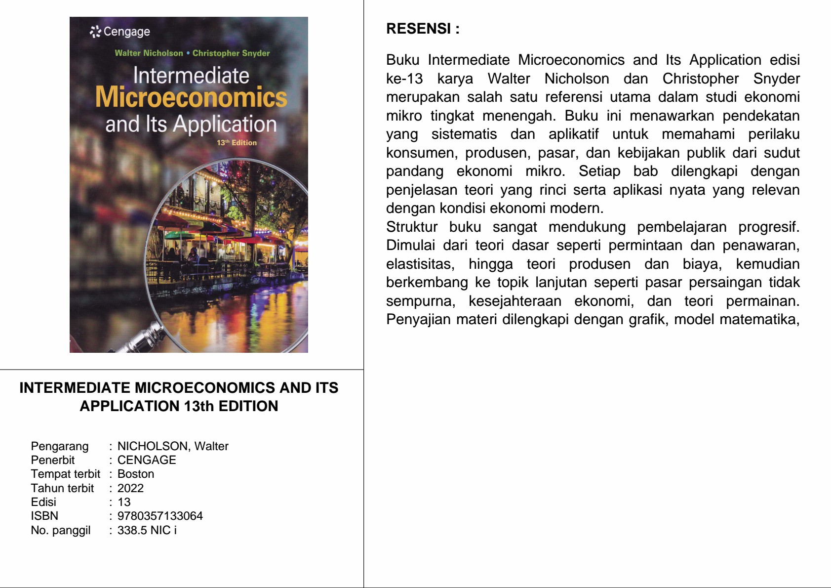 INTERMEDIATE MICROECONOMICS AND ITS APPLICATION 13th EDITION - Perpustakaan Universitas Widyatama
