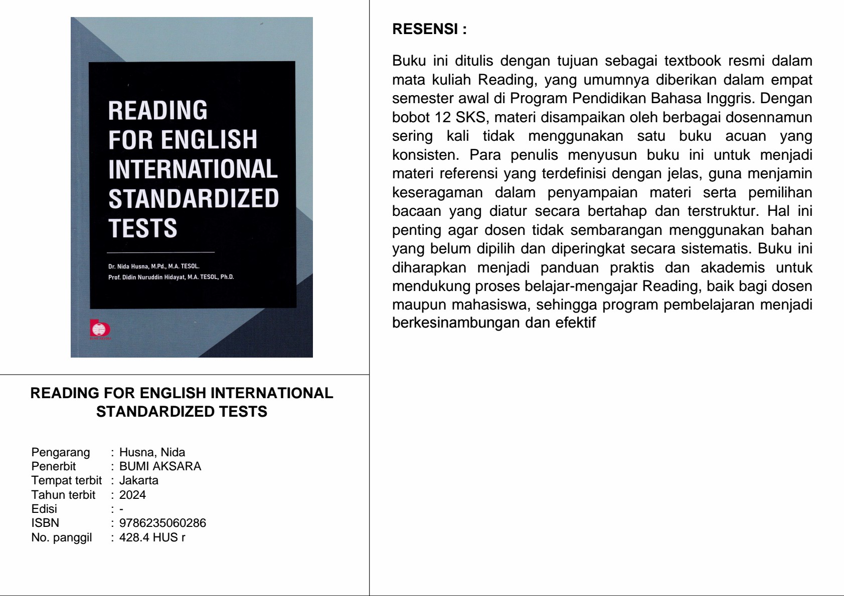 READING FOR ENGLISH INTERNATIONAL STANDARDIZED TESTS - Perpustakaan ...